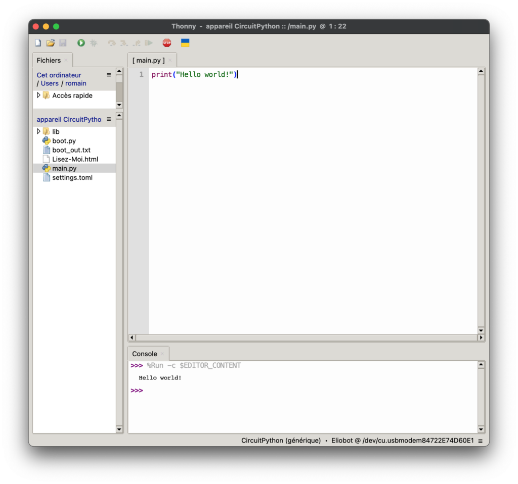 Préparer l’interface Thonny – Eliobot